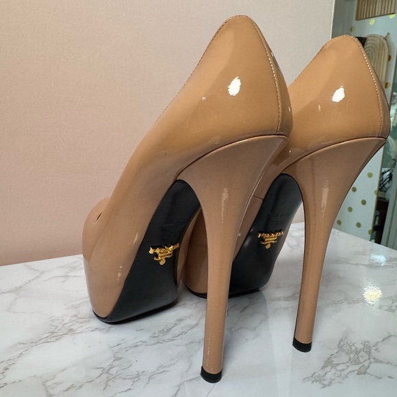 Prada | Shoes | Authentic Prada Tan Stiletto Heels With Gold Bee Detail ...